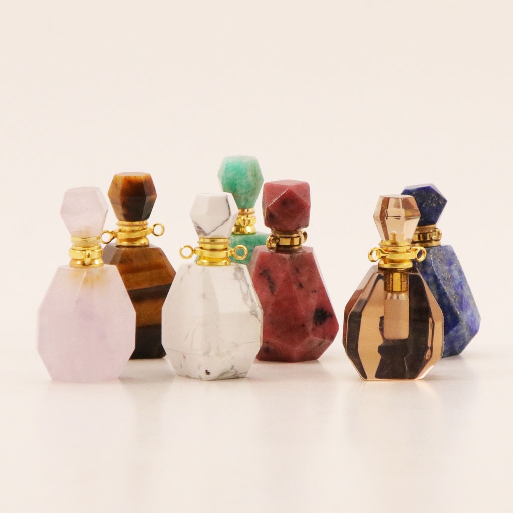 Flacon de parfum pendentif en pierre gemme 37x20 mm Quartz rose Acier ...