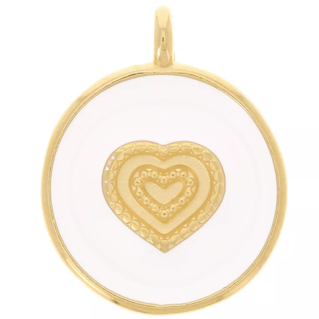 Pendentif rond motif coeur 21 mm - Résine époxy - Doré à l'or fin ...