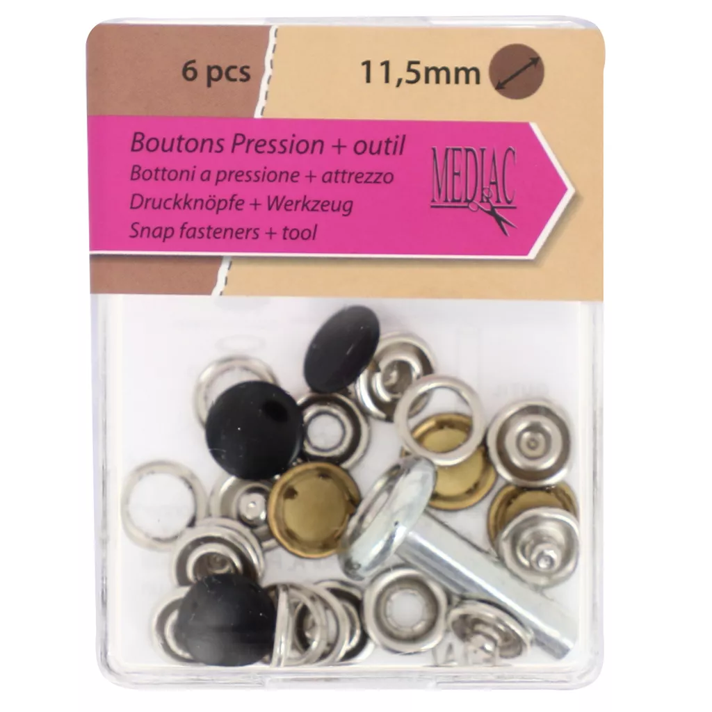 Boutons pressions et outil de pose 11.5 mm - Noir x6 - Perles & Co