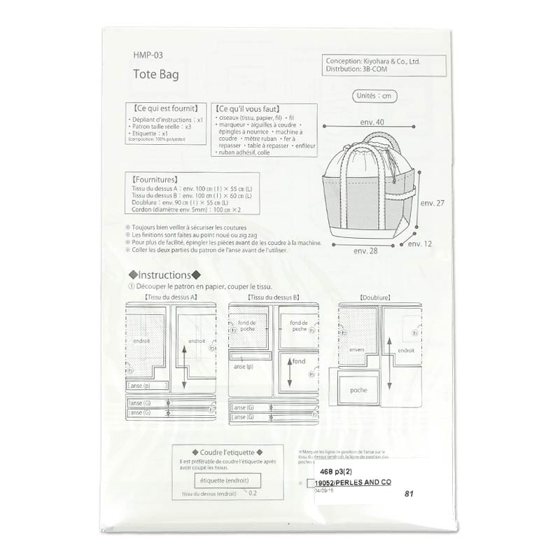 Patron de couture Kiyohara - Tote bag x1 - Perles & Co