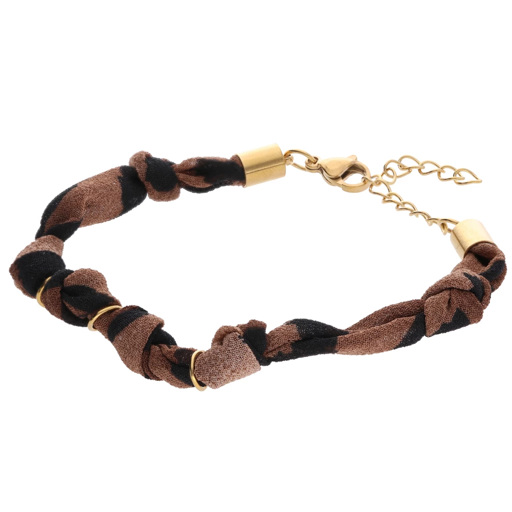 Bracelet en tissu noué avec 3 anneaux - Acier inox 304L Doré - Marron ...