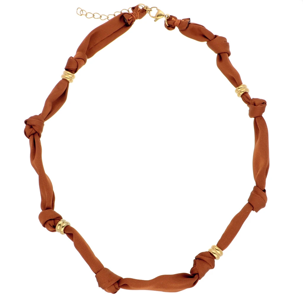 Collier tissu noué avec perles en acier inoxydable 304 Doré Marron ...
